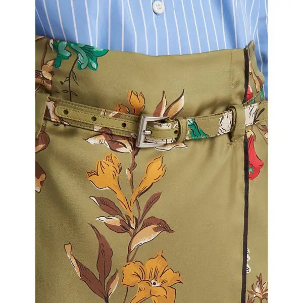 Prada Floral-Print Belted High-Rise Silk Mini Skirt - Green