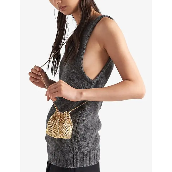 Mesh Drawstring Bag Prada Gold Net Bag Prada Crystal-Embellished Woven  Bucket Bag Gold/Silver