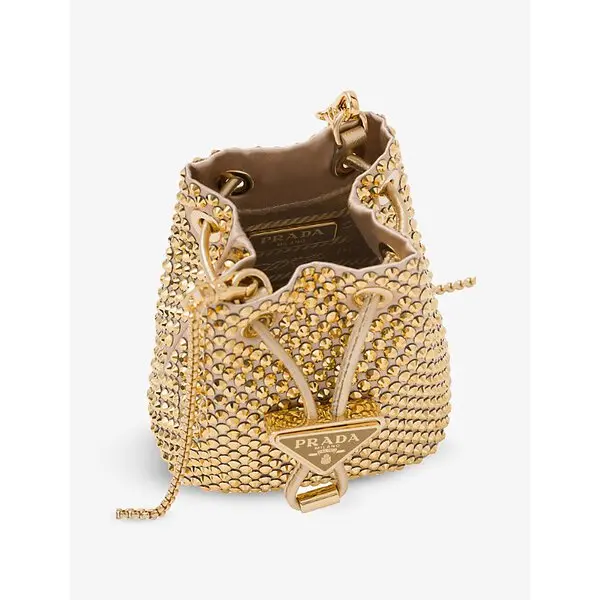 Prada Crystal-Embellished Woven Bucket Bag - Gold/Silver