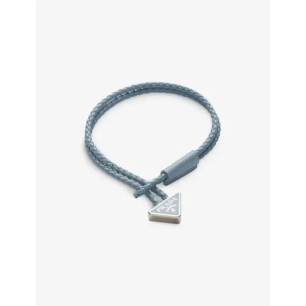 Prada Braided Leather Bracelet With Brand Plaque - Light Blue
