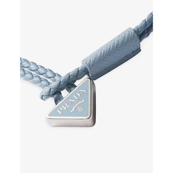 Prada Braided Leather Bracelet With Brand Plaque - Light Blue
