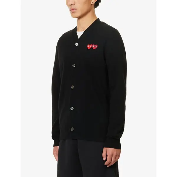 Play Comme Des Garcon Comme Des Garçons Play Logo-embroidered V-neck Wool-knit Cardigan - Black