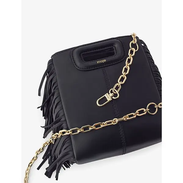 Maje Mini Logo-embossed Fringed Leather Bag - Noir / Gris
