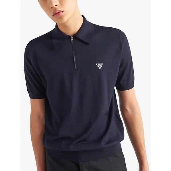 Prada Logo-Embroidered Short-Sleeved Wool Polo Shirt - Blue