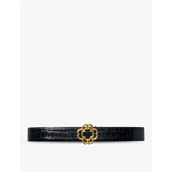 Maje Clover-buckle Croc-embossed Belt - Noir / Gris