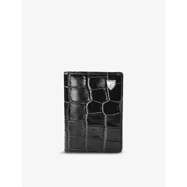 ASPINAL OF LONDON Double Fold Croc-embossed Leather Card Holder - Black