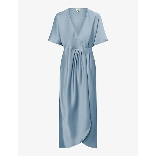 knee length dresses for ladies Zapaka Women Daffodil Satin A Line Work Dress Short Sleeve Boat Neck Long Business Dress, Dusty Blue / US14