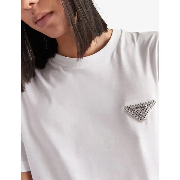 Prada Logo-Plaque Crystal-Embellished Cotton T-Shirt - White