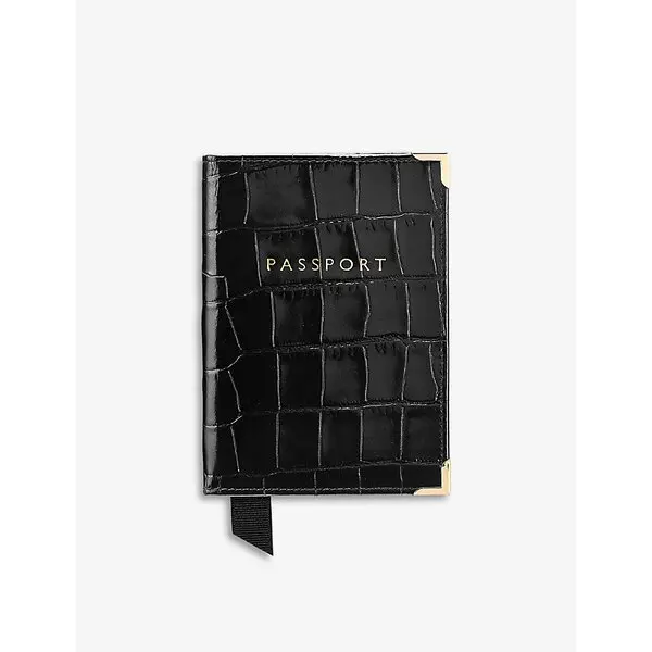 ASPINAL OF LONDON Logo-print Croc-embossed Leather Passport Cover - Black