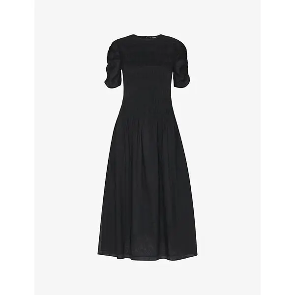 Whistles Avery Ruched-sleeve Smocked Cotton Midi Dress - Black