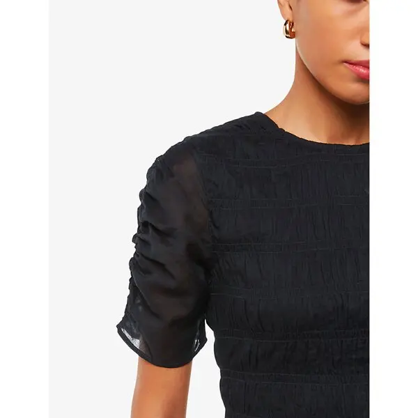 Whistles Avery Ruched-sleeve Smocked Cotton Midi Dress - Black