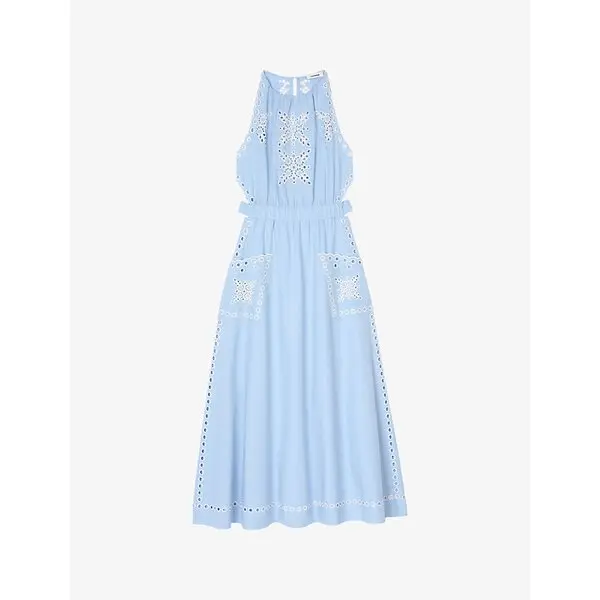 Sandro Broderie-Anglaise Fitted-Waist Linen-Blend Midi Dress 6 - Bleus |  Editorialist