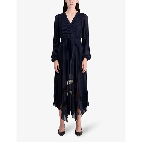 The Kooples V-neck Pleated Midi Dress - Navy
