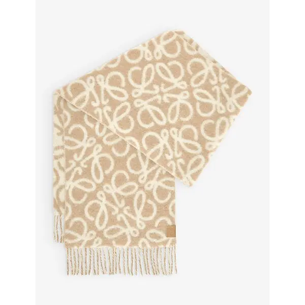 Loewe Anagram-patch Wool And Alpaca-blend Scarf - Beige/white
