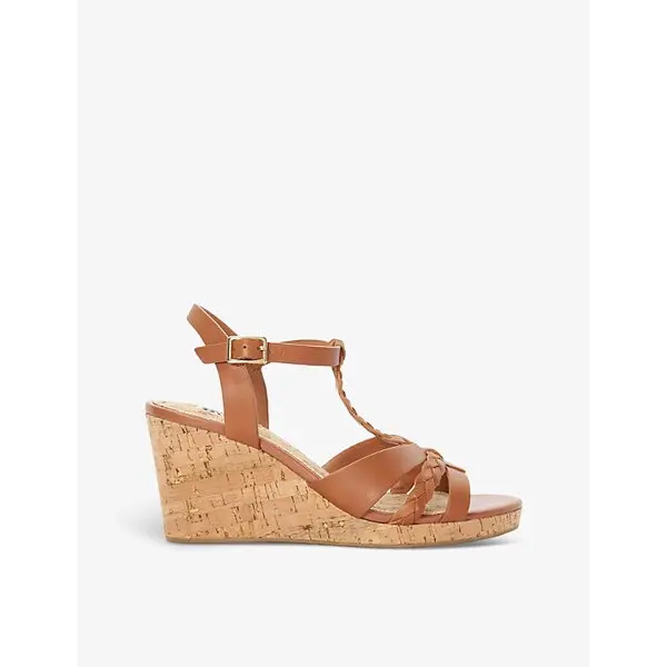 Dune Koali Plaited Cork-Wedge Leather Heeled Sandals In Tan
