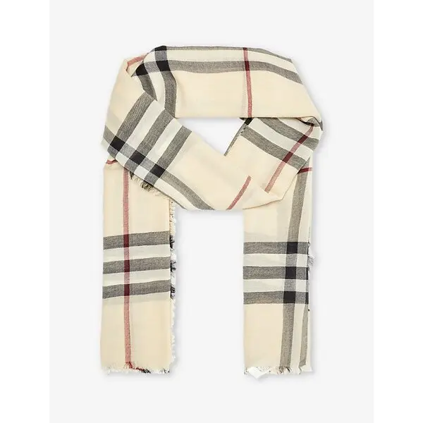 Burberry Checked Frayed-trim Wool Scarf - Stone