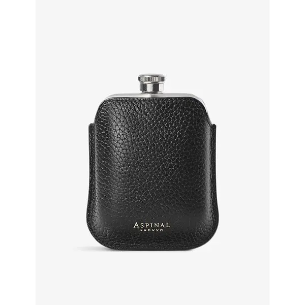 ASPINAL OF LONDON Grained-leather Pouch And Stainless-steel Hip Flask - Black