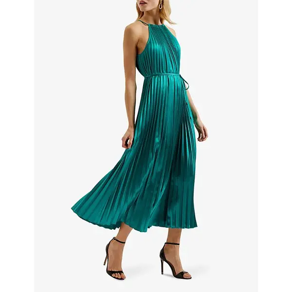 Ted Baker London Melike Pleated Halter-Neck Satin Midi Dress In Green - 56%  Off | Editorialist