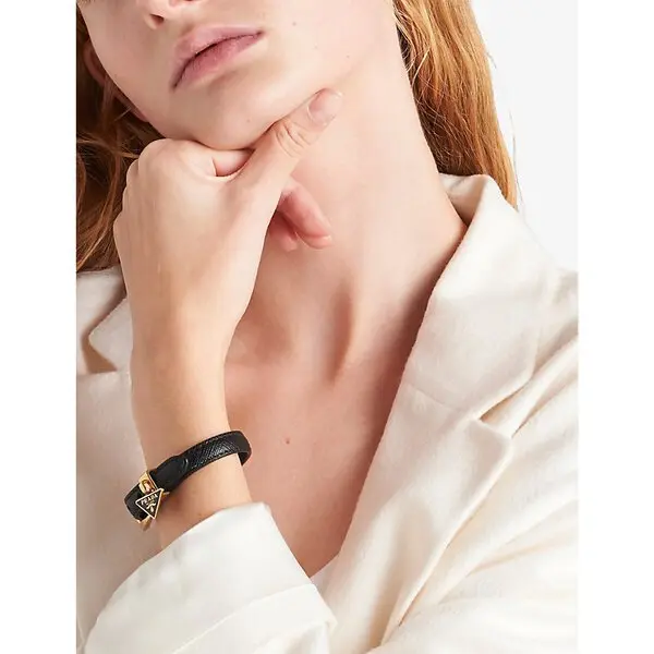 Prada Logo Charm Leather Bracelet - Black