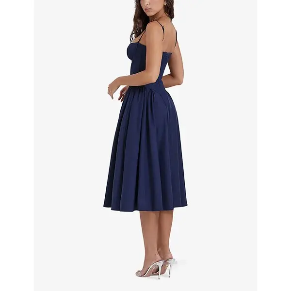 House Of Cb Samaria Corseted Woven Midi Dress - French Navy | Editorialist
