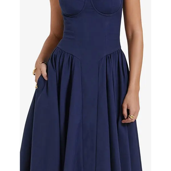 House Of Cb Samaria Corseted Woven Midi Dress - French Navy | Editorialist