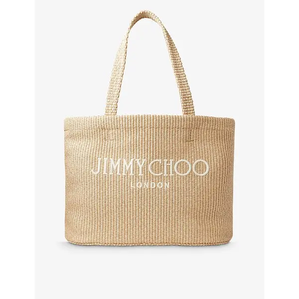 JIMMY CHOO Beach Logo-embroidered Raffia Tote Bag - Natural/latte
