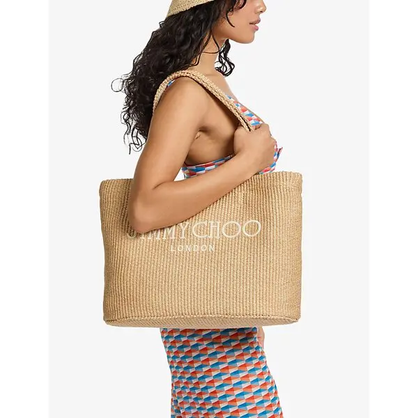 JIMMY CHOO Beach Logo-embroidered Raffia Tote Bag - Natural/latte