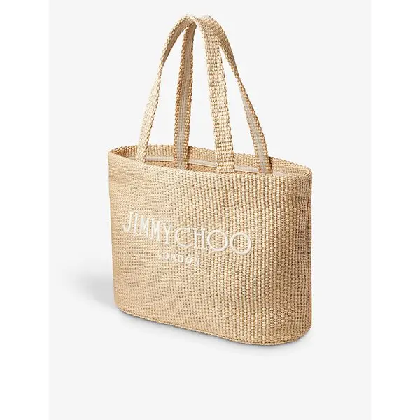 JIMMY CHOO Beach Logo-embroidered Raffia Tote Bag - Natural/latte