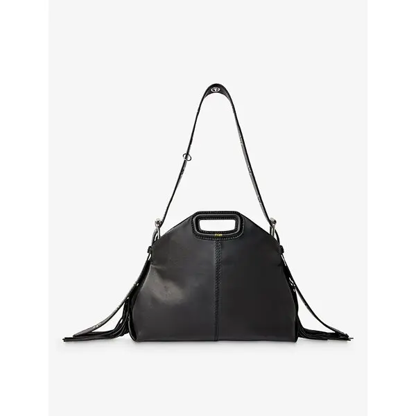 Maje Logo-embossed Leather Shoulder Bag With Fringed Trim - Noir / Gris