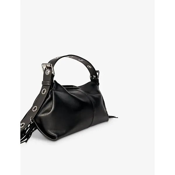 Maje Logo-embossed Leather Shoulder Bag With Fringed Trim - Noir / Gris