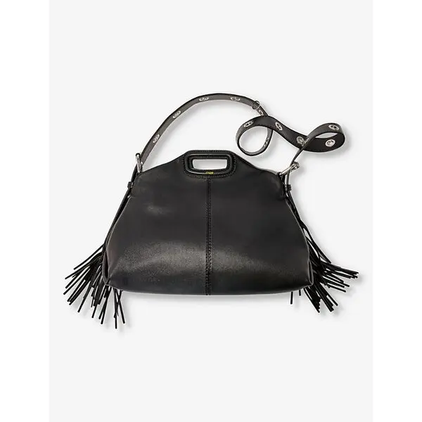 Maje Logo-embossed Leather Shoulder Bag With Fringed Trim - Noir / Gris