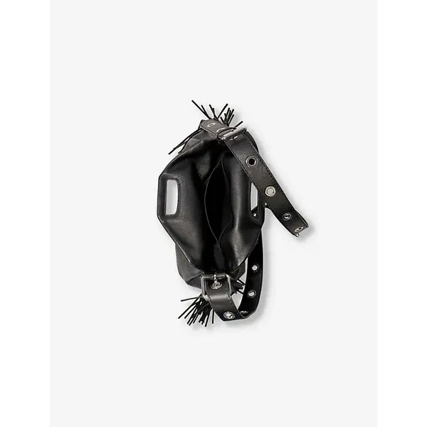 Maje Logo-embossed Leather Shoulder Bag With Fringed Trim - Noir / Gris