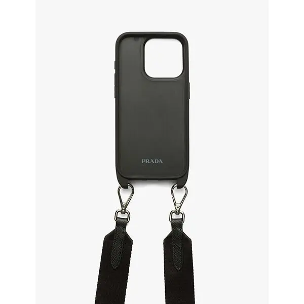Prada Logo-plaque Leather Iphone 15 Case - Black