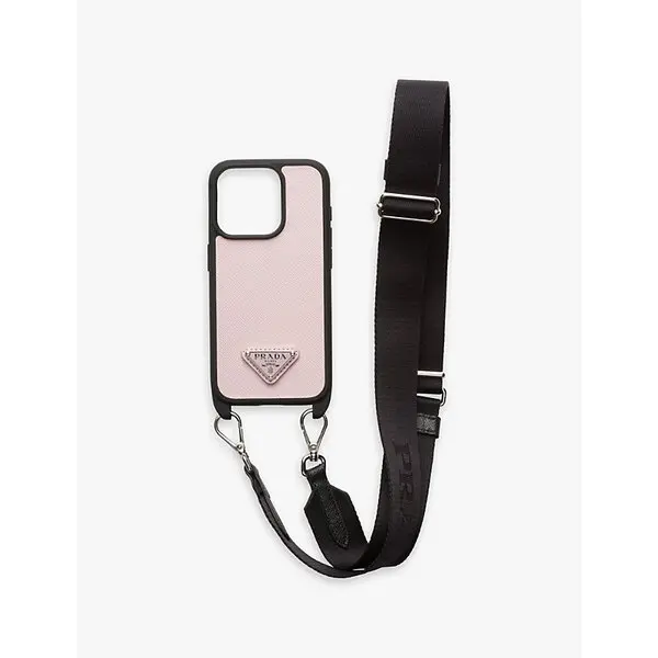 Prada Logo-plaque Leather Iphone 15 Case - Pink