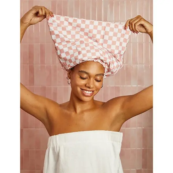 KITSCH Check-print Satin-lined Shower Cap - Terracotta