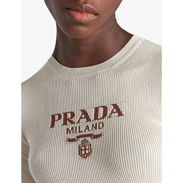 Prada Branded Knitted Silk Top - Neutral