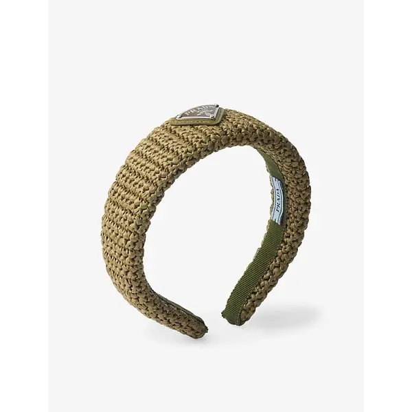 Prada Crochet Woven Headband With Brand Plaque - Neutral