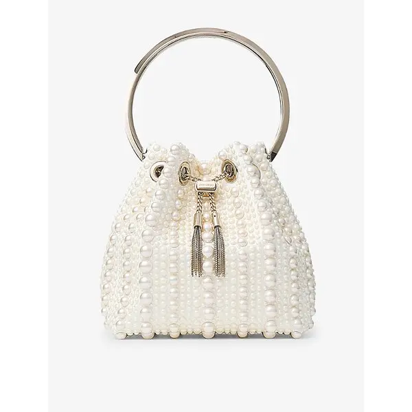 JIMMY CHOO Bon Bon Pearl-embellished Satin Top-handle Bag - Ivory