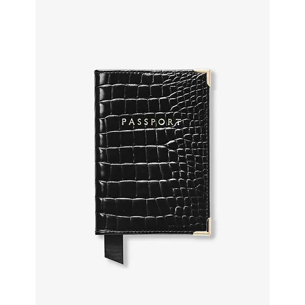 ASPINAL OF LONDON Patent Crocodile-embossed Leather Passport Cover - Black