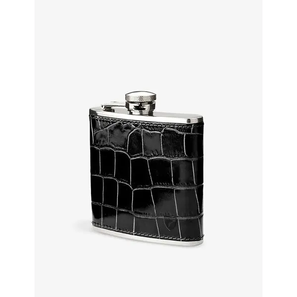 ASPINAL OF LONDON Classic Croc-embossed Leather And Stainless-steel Hip Flask - Black