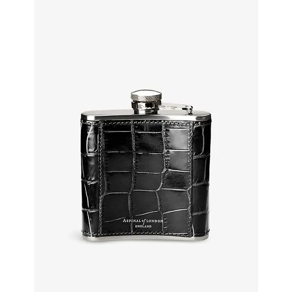 ASPINAL OF LONDON Classic Croc-embossed Leather And Stainless-steel Hip Flask - Black