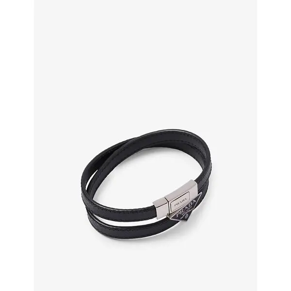 Prada Logo-plaque Saffiano-leather Bracelet - Black
