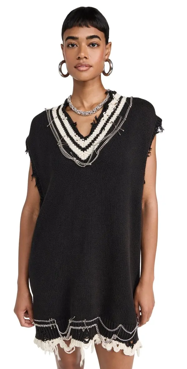 Dress Oversize Knitted Vest R13 Oversized Vest Dress With Chain Detail In  Black And Ecru With