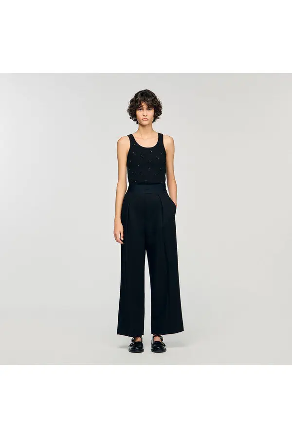 Sandro Fine-ribbed Jersey Tank With Rhinestone Inserts