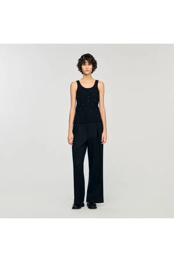Sandro Fine-ribbed Jersey Tank With Rhinestone Inserts