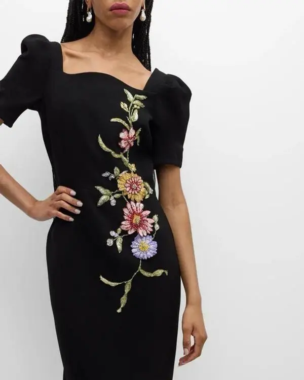Rickie Freeman For Teri Jon Puff-sleeve Floral Applique Dress