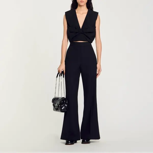 Sandro Satin-effect Crop Top With Bow - Black