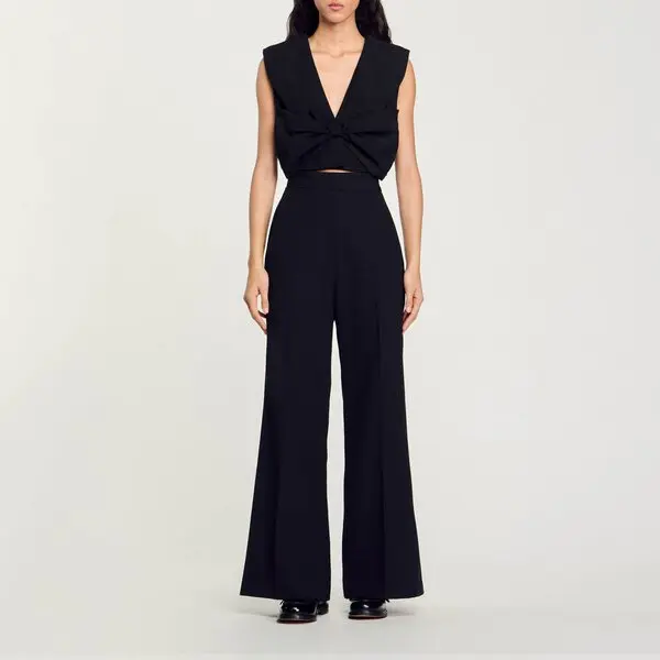 Sandro Satin-effect Crop Top With Bow - Black