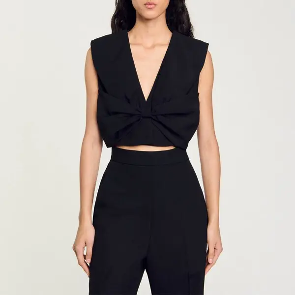 Sandro Satin-effect Crop Top With Bow - Black