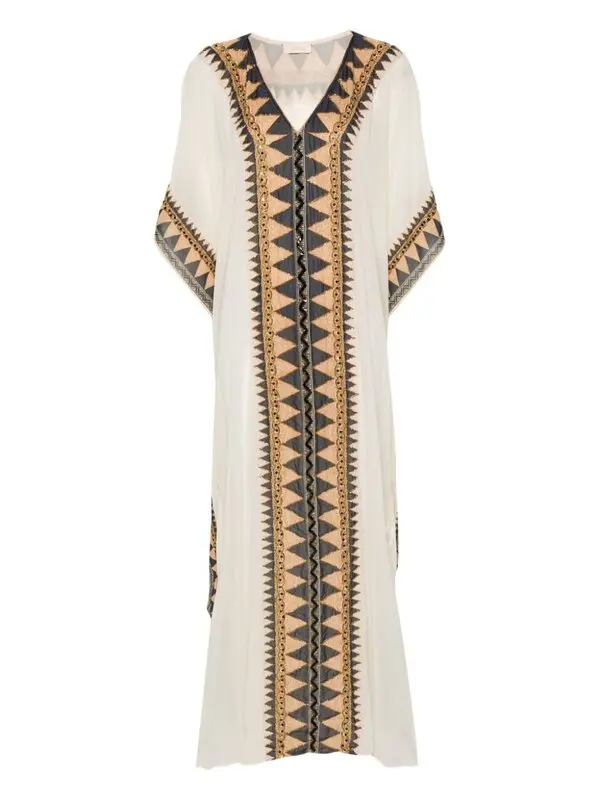 DOLCI FOLLIE Abstract-print Beaded Kaftan - Neutrals